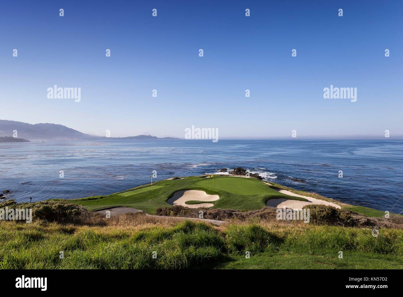 A view of hole 7 at Pebble Beach golf links, Monterey, California, USA ...