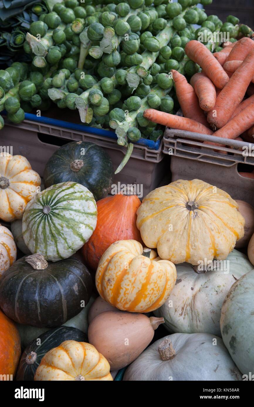 Pumpkin, Carrot and Sprouts for Sale on Market Stall Stock Photo - Alamy