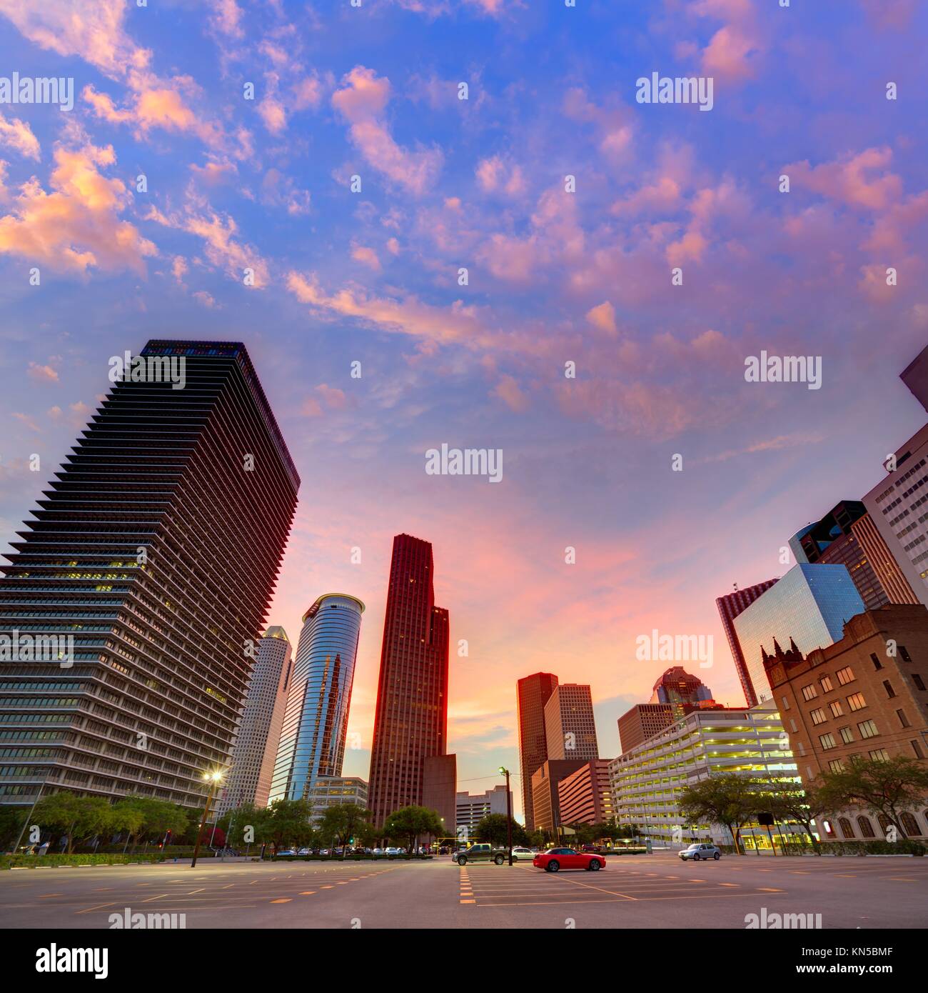 Houston Downtown skyline at sunset from south in Texas US USA Stock ...