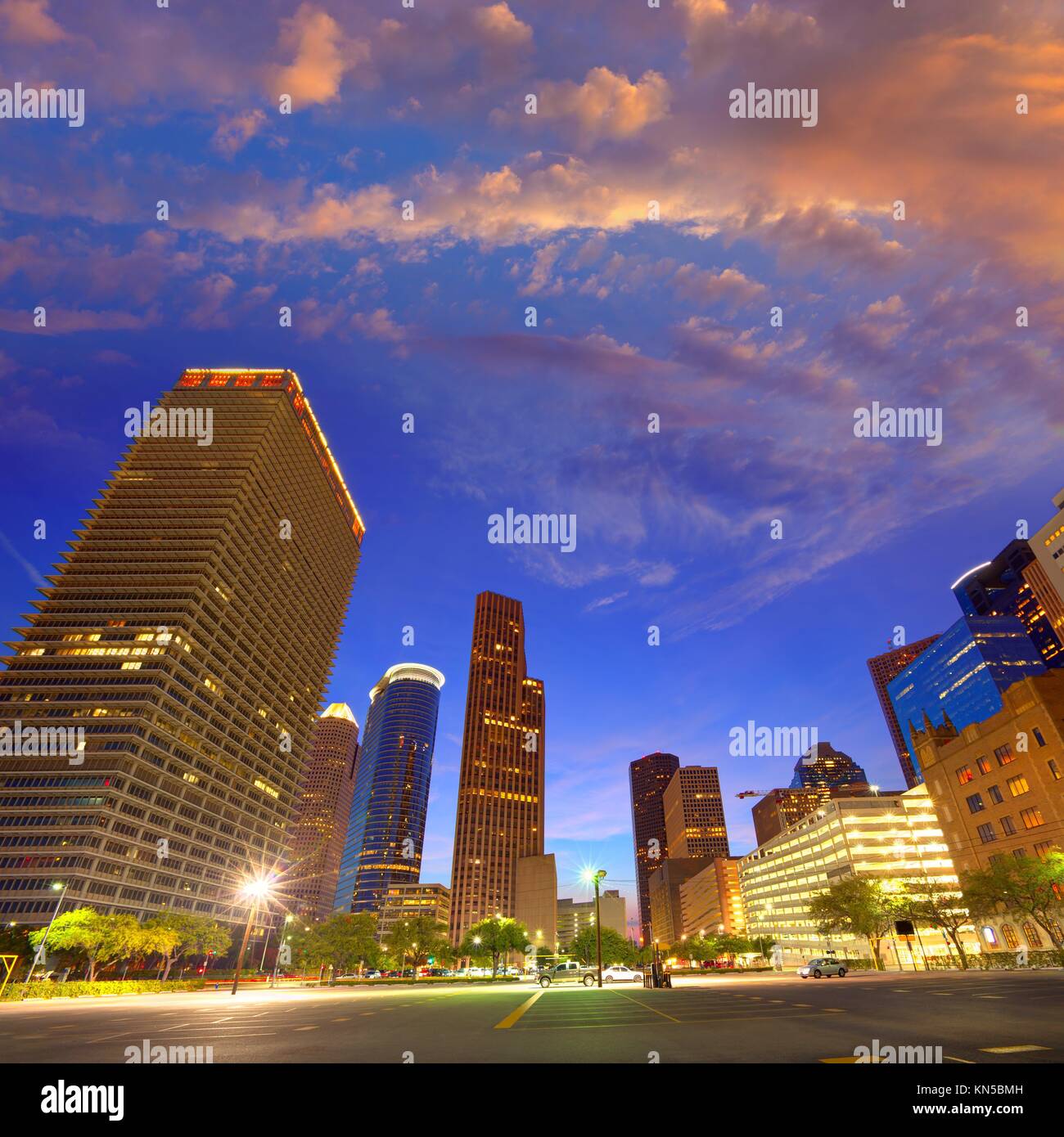 Houston Downtown skyline at sunset from south in Texas US USA Stock ...