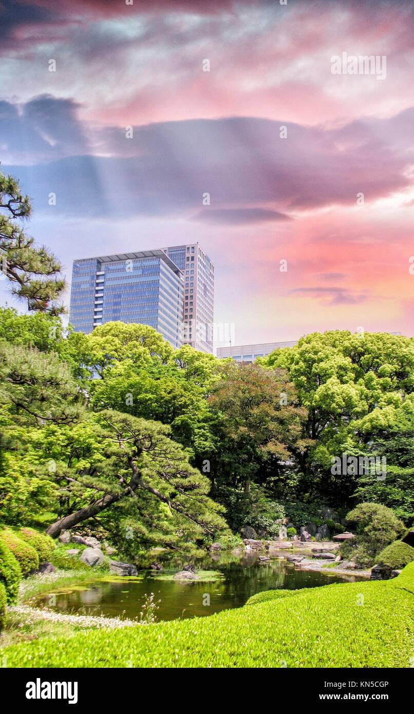 Beautiful park with buildings and sunset sky Stock Photo - Alamy