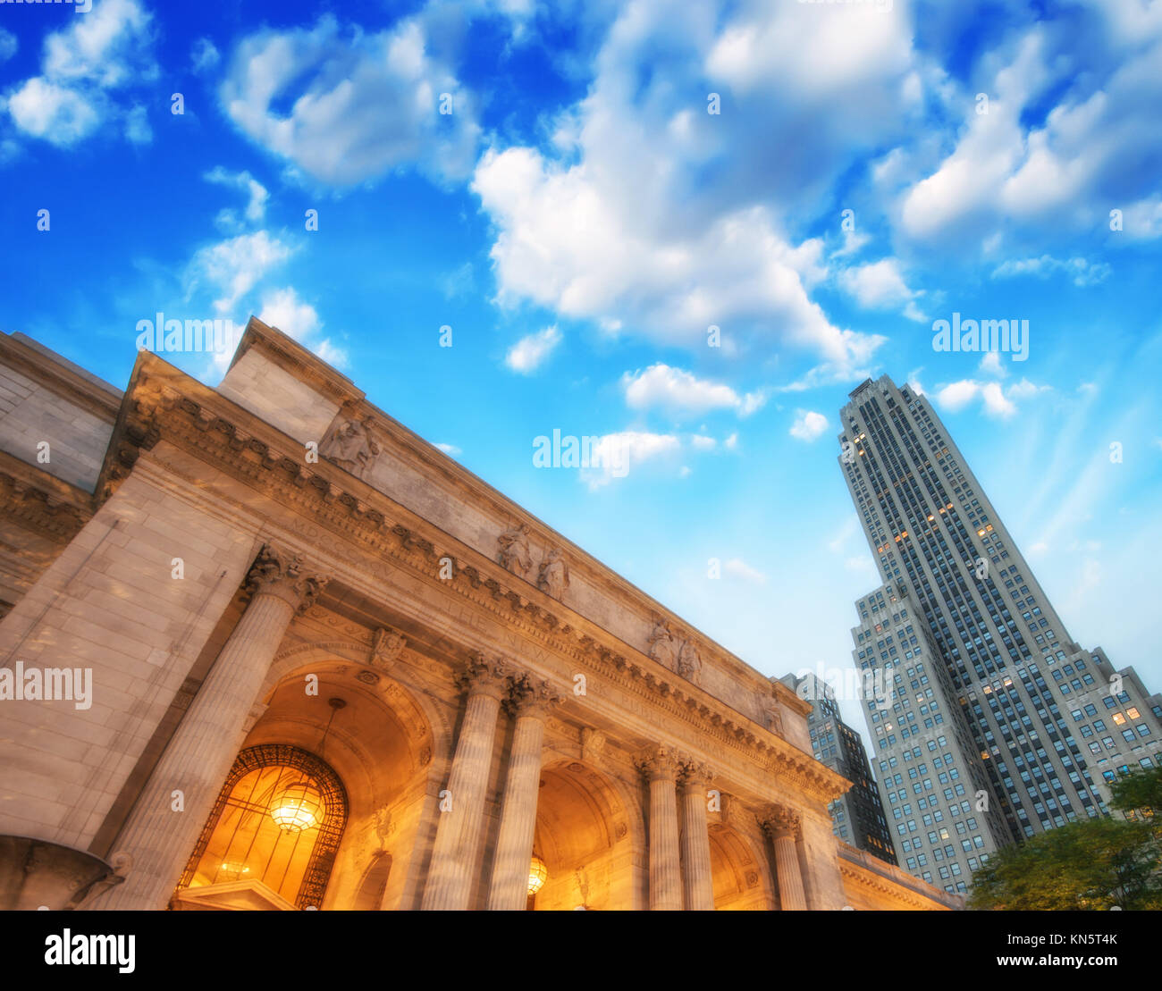 The New York Public Library. Side view with surrounding buildings and ...