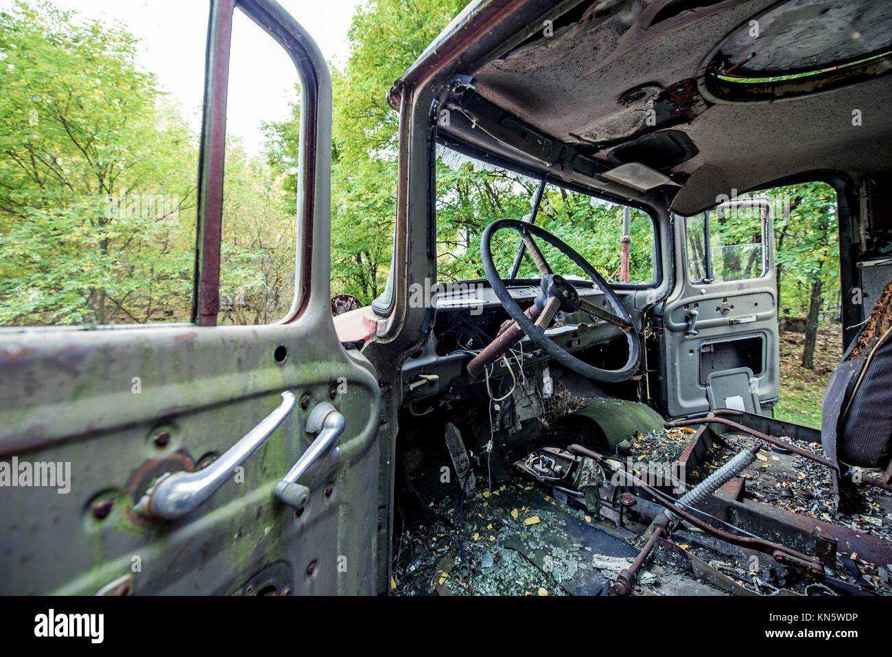 rusty fire engine near former fish farm in Chernobyl Nuclear Power ...