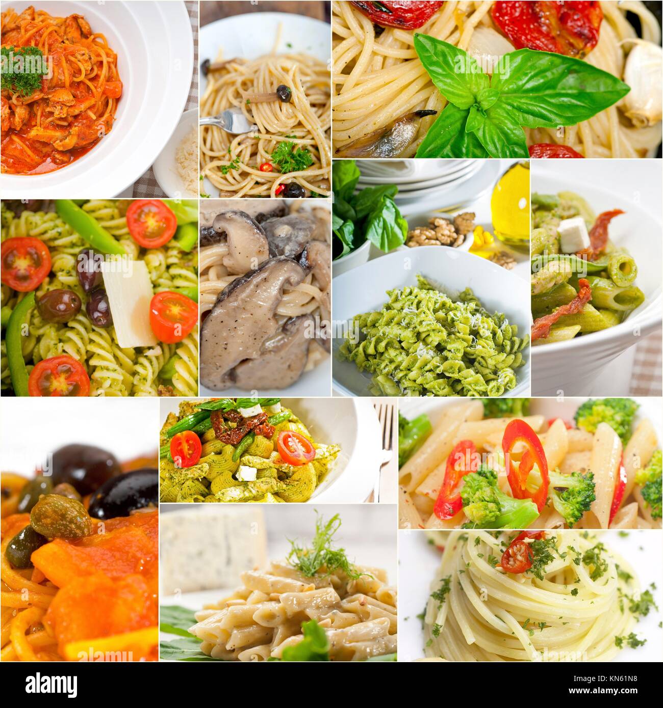 collection of different type of Italian pasta on collage white frame ...