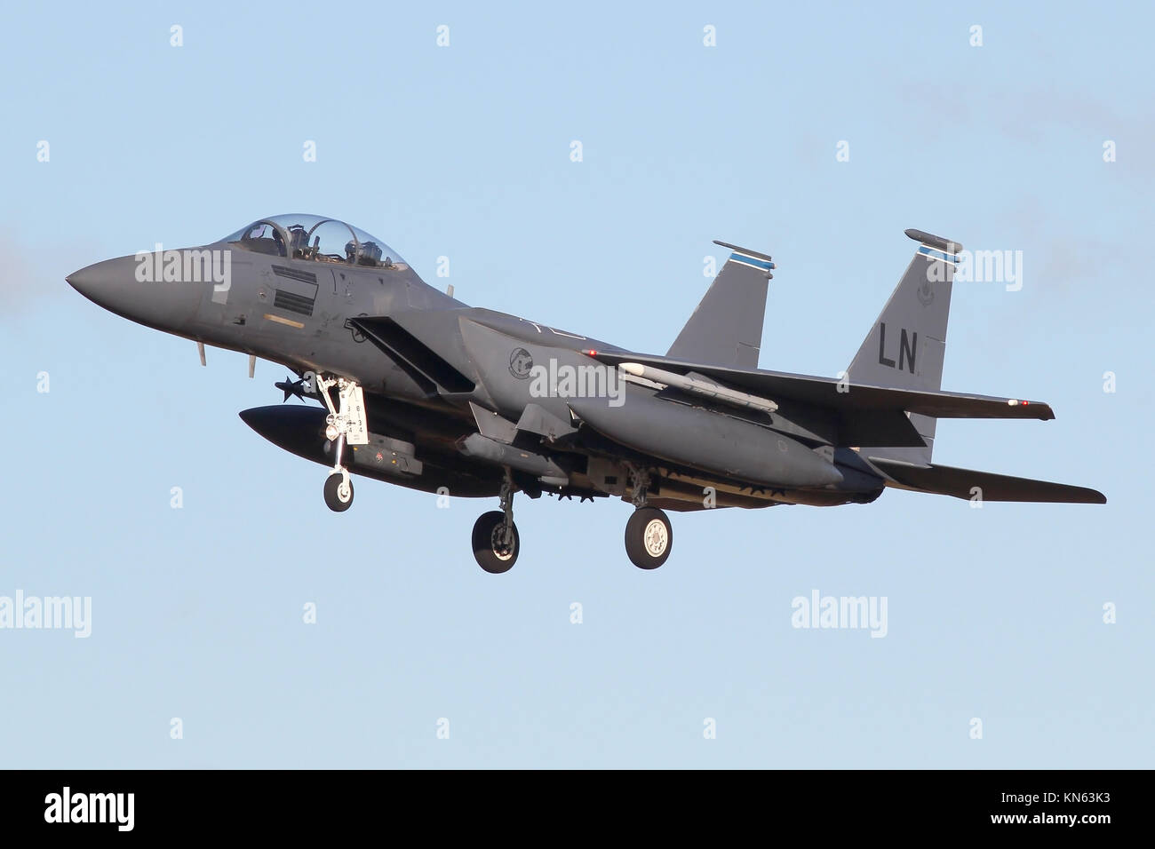 F-15E from the 492nd Fighter Squadron landing at RAF Lakenheath. Note ...