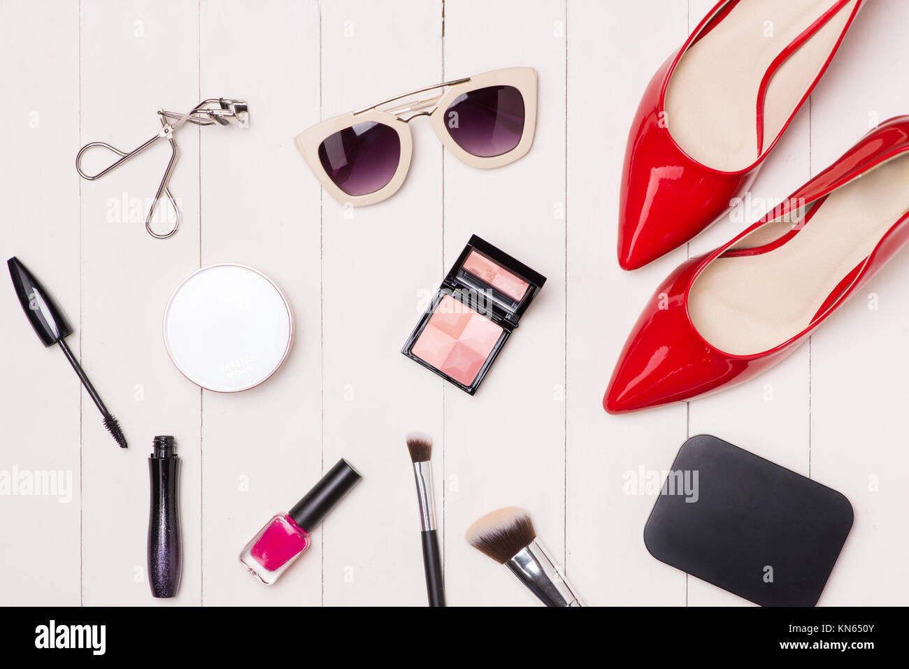 Top view of cosmetics and female accessories. Woman Essentials Stock ...
