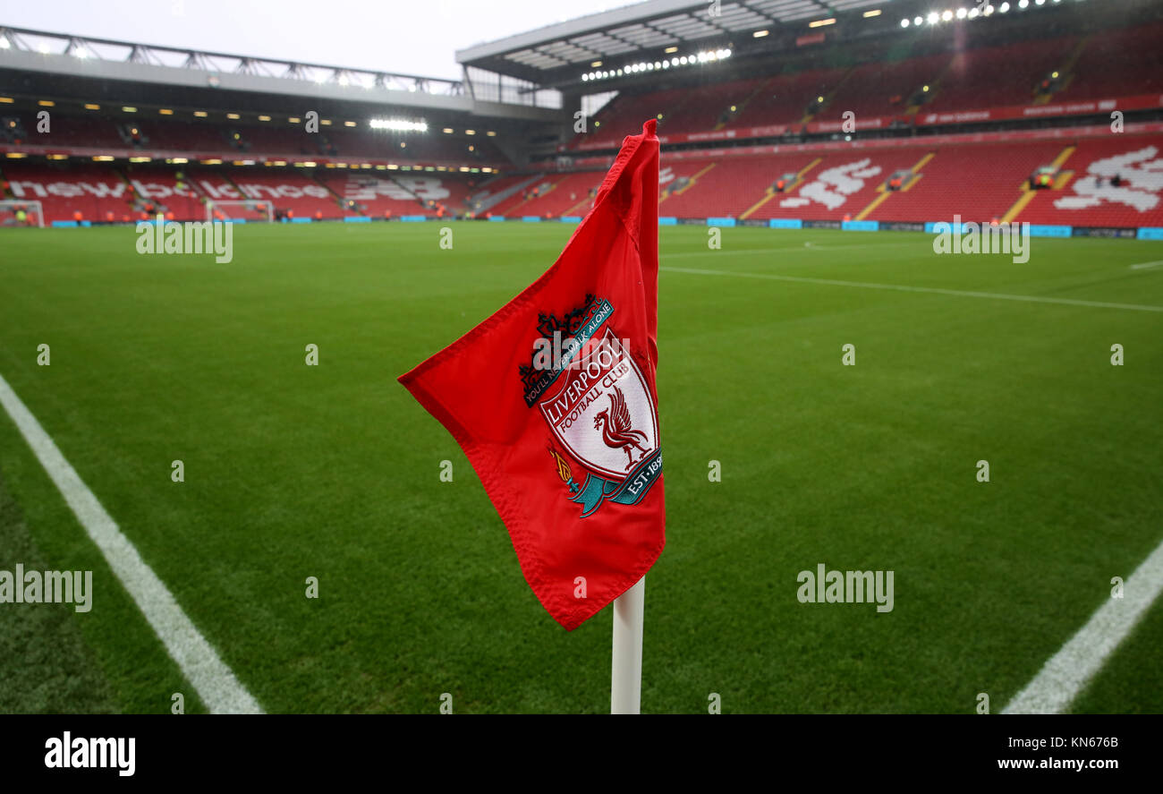 A general view of a corner flag at Anfield, Liverpool Stock Photo - Alamy