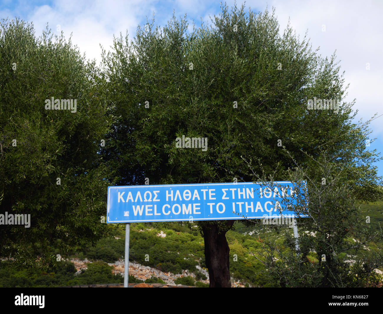 "Welcome to Ithaca" sign, Piso Aetos ferry landing, Ithaca Stock Photo ...