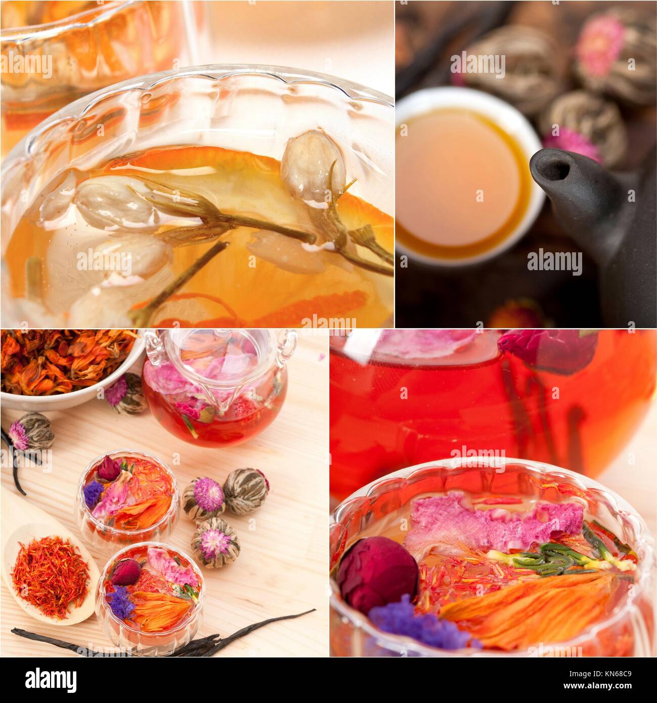 collection of different herbal tea infusion collage white frame Stock ...