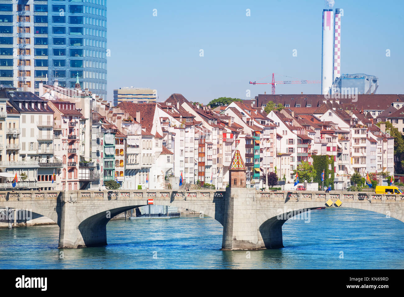 Cityscape of Basel with stone arched Middle bridge across the Rhine ...