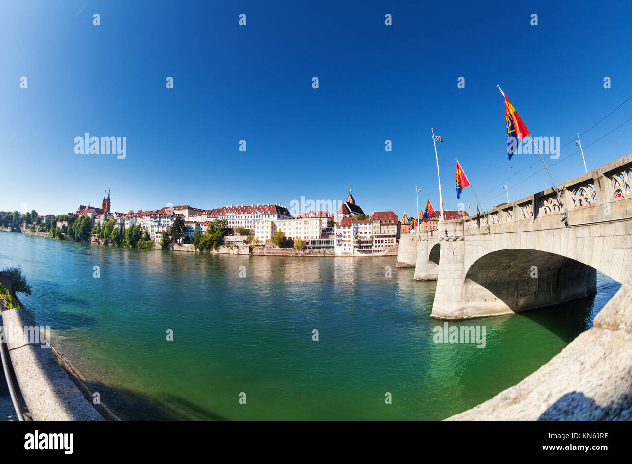 Fish-eye picture of Rhine waterfront and Middle bridge in Basel ...