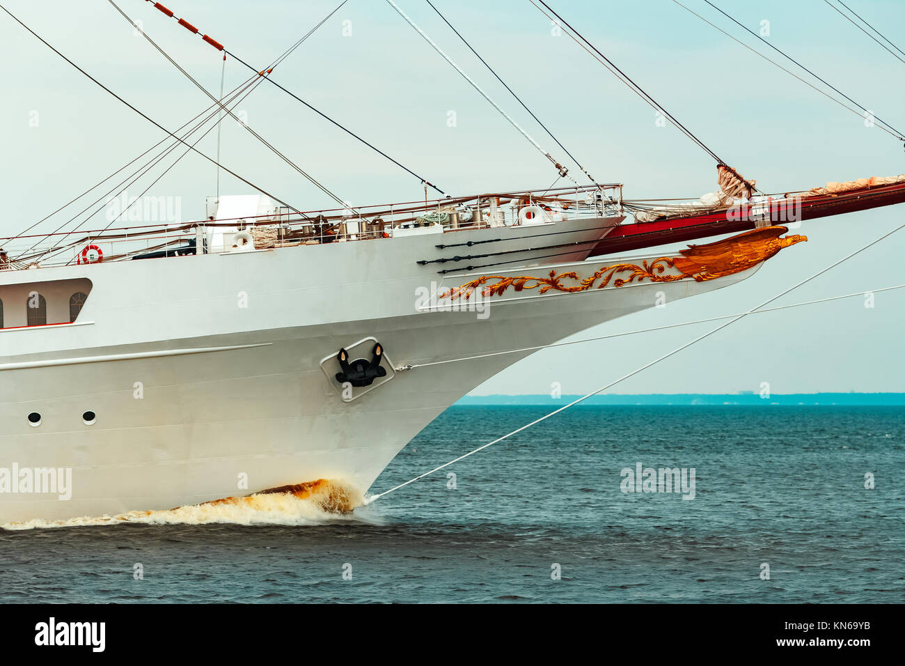 Big white sailing ship with three mast moving to the Riga port Stock ...