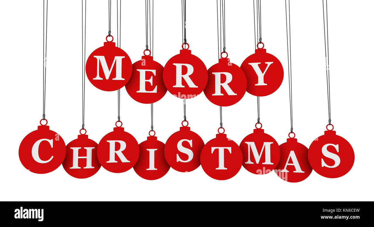 Merry Christmas greeting message on hanged red bauble shapes tags 3D ...