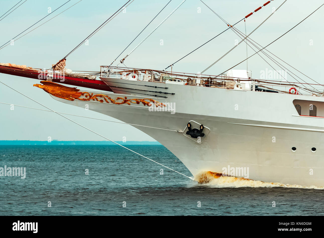 Big white sailing ship with three mast moving to the Riga port Stock ...