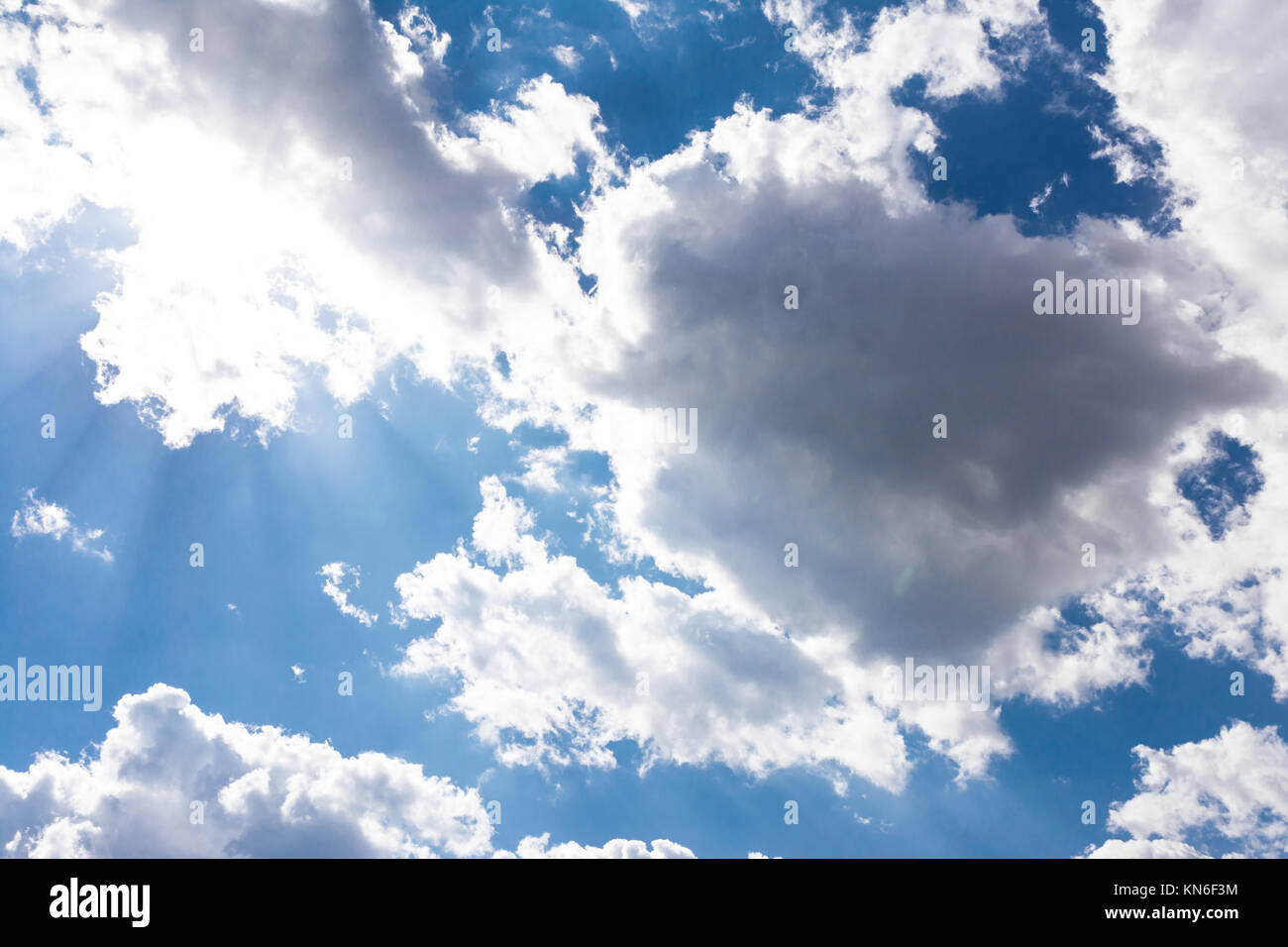 White Clouds Blue Sky Fluffy Sun Flare Airplane Trail Sunny Daytime ...
