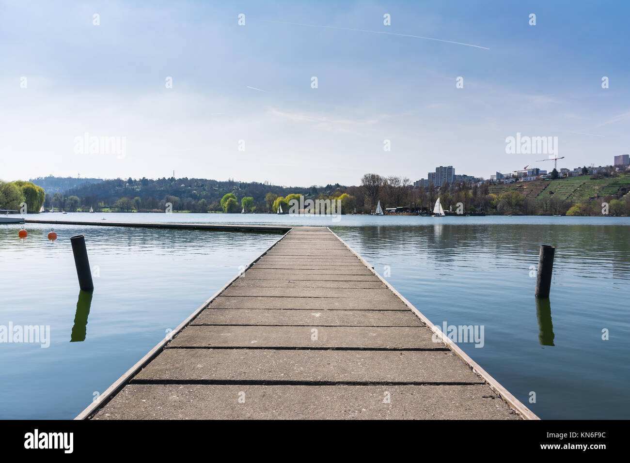 Concrete Dock Perspective Out onto Lake Outdoors Autumn Daytime ...