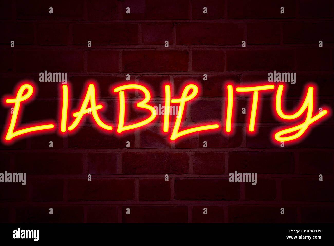 Liability neon sign on brick wall background. Fluorescent Neon tube ...