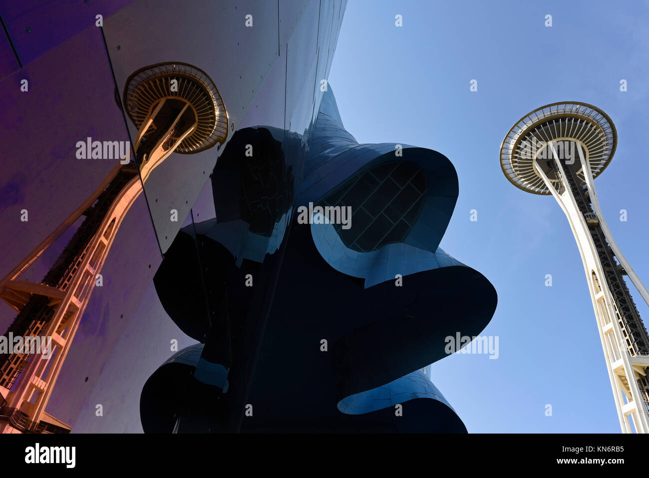 Seattle Space Needle reflected in the Museum of Pop Culture Stock Photo ...