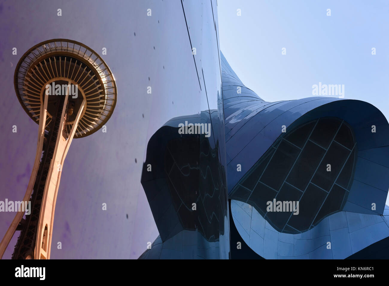 Seattle Space Needle reflected in the Museum of Pop Culture Stock Photo ...