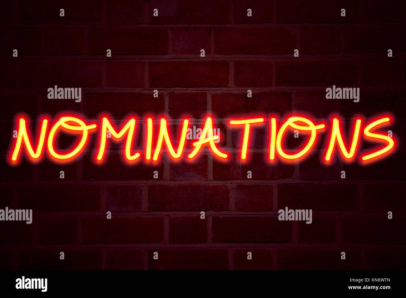 Nominations neon sign on brick wall background. Fluorescent Neon tube ...