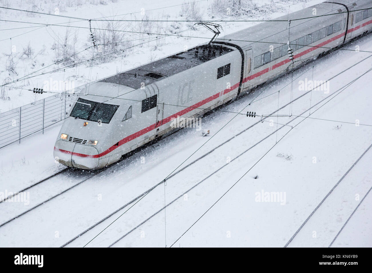 German ICE train in snowy weather, Mülheim an der Ruhr, Germany Stock ...
