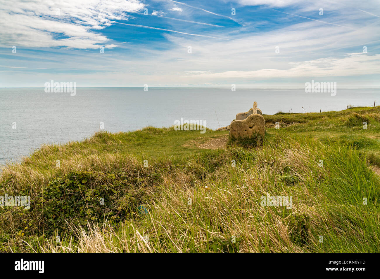 Stone bench at the South West Coast Path near Winspit Quarry, Worth ...
