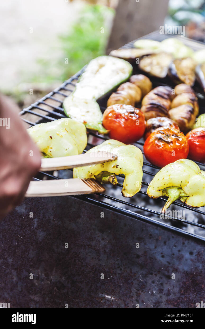 Assorted grilled vegetables.Chef cooking vegetables.top view close up ...