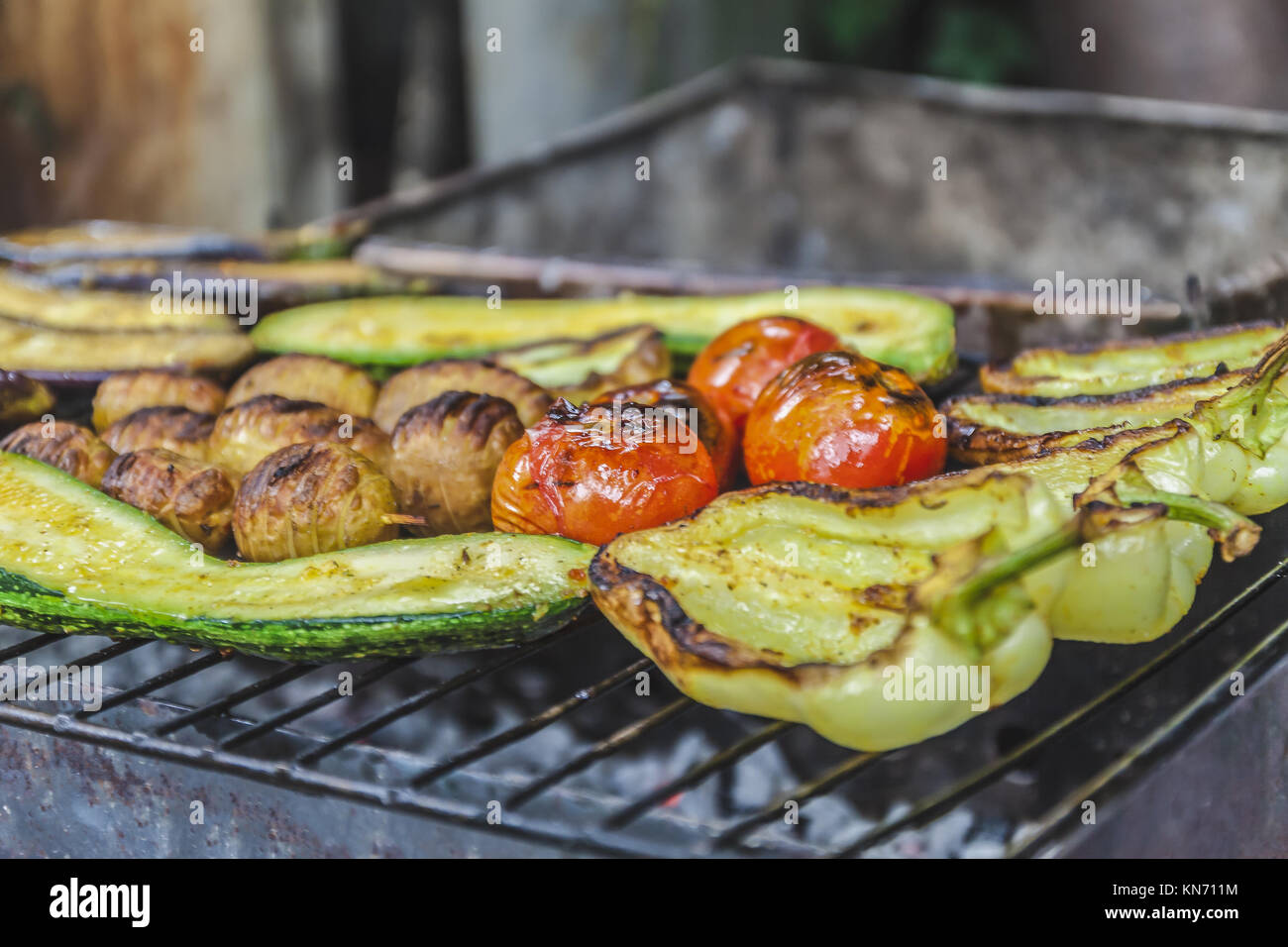 Assorted grilled vegetables.Chef cooking vegetables.top view close up ...