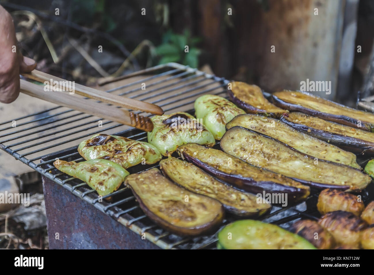 Assorted grilled vegetables.Chef cooking vegetables.top view close up ...