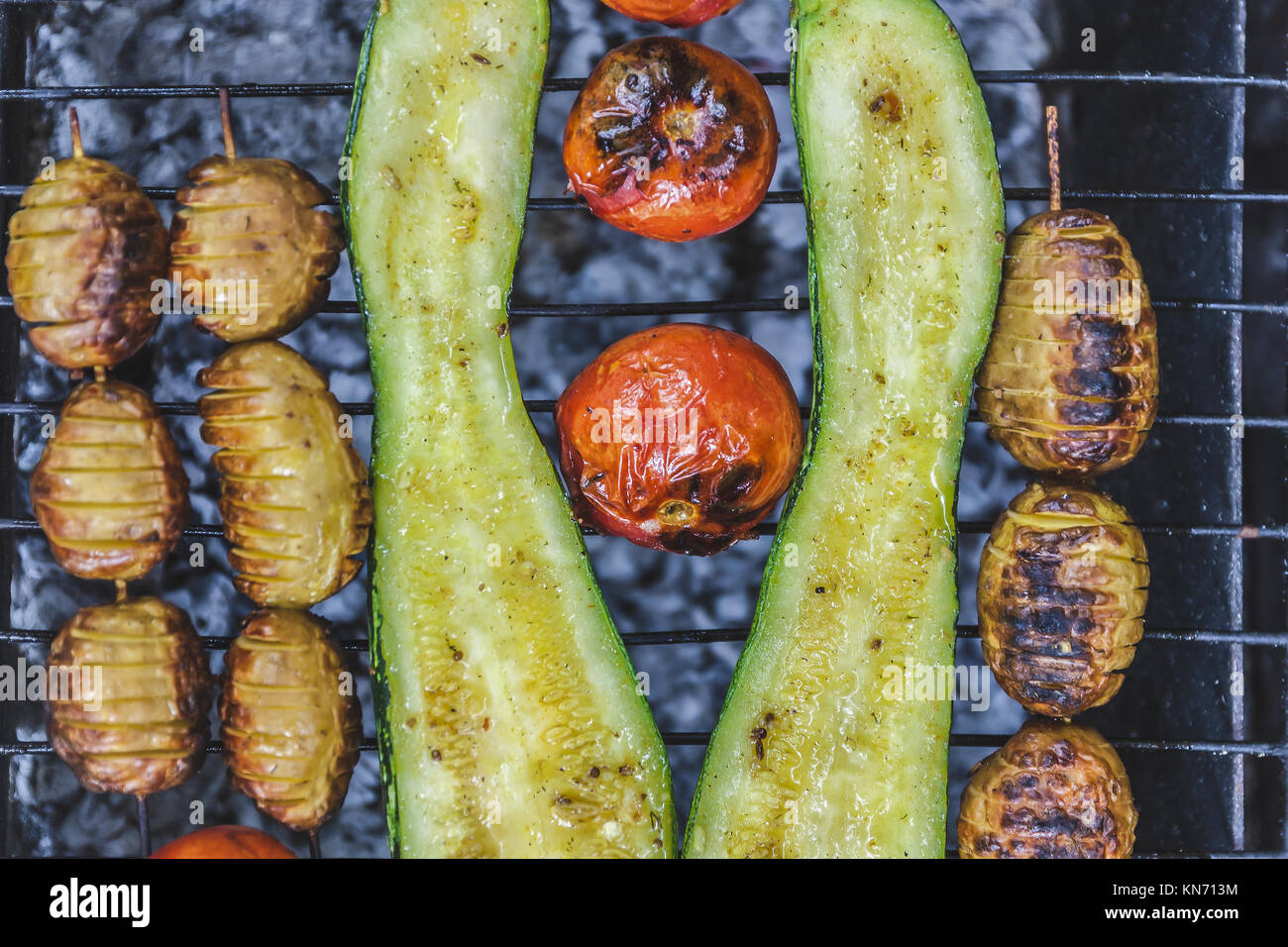 Assorted grilled vegetables.Chef cooking vegetables.top view close up ...