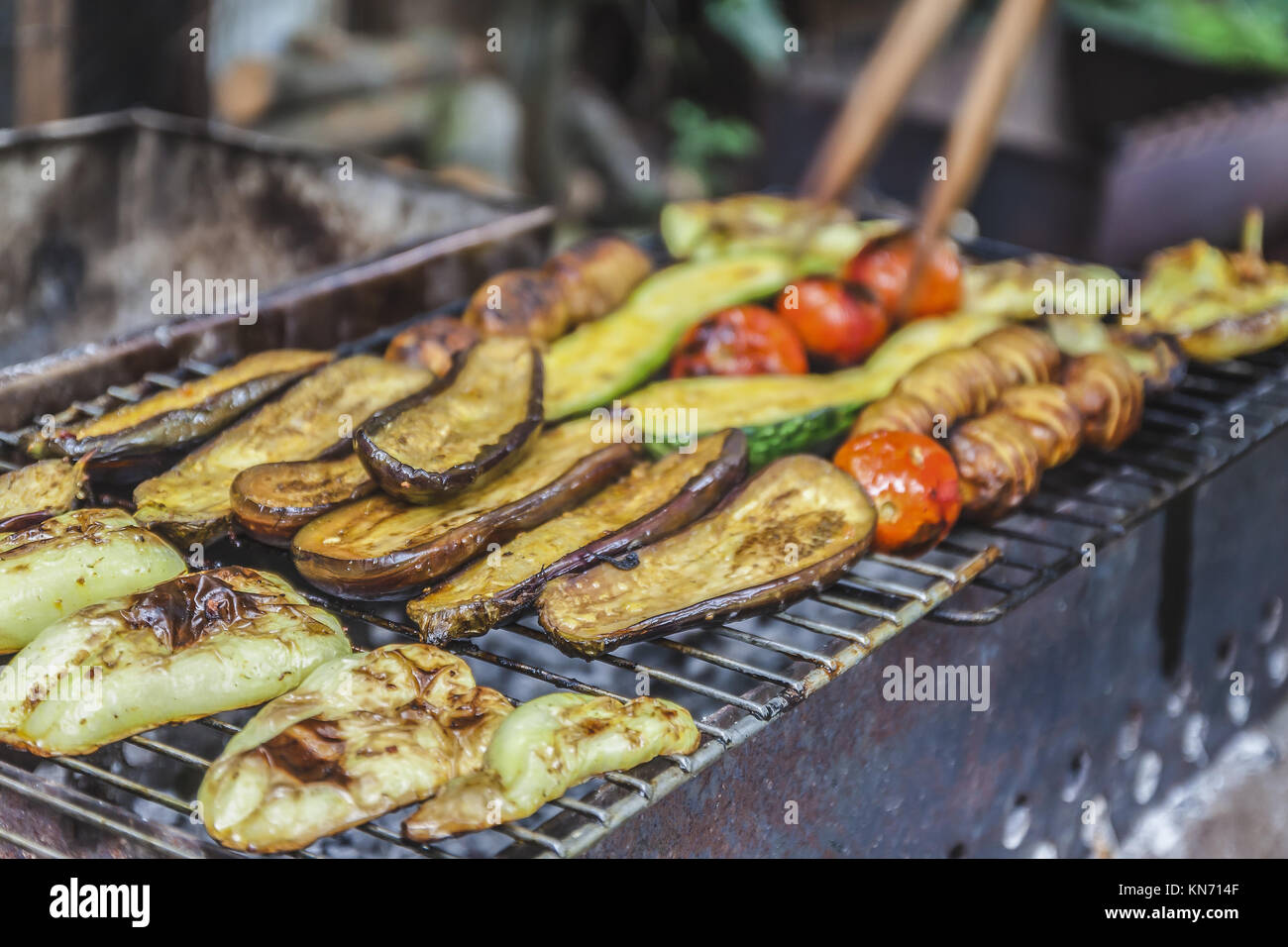 Assorted grilled vegetables.Chef cooking vegetables.top view close up ...