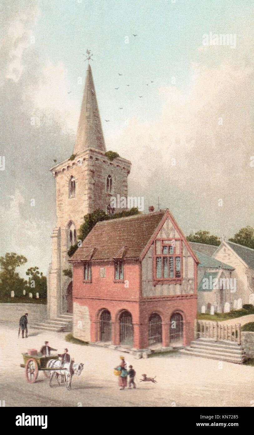 Brading Church and Town Hall, Isle of Wight, Victorian illustration ...