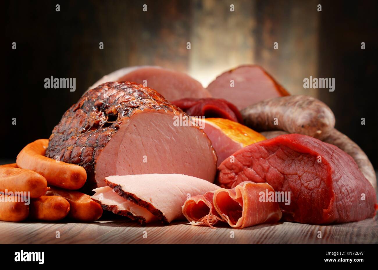 Assorted meat products including ham and sausages Stock Photo - Alamy
