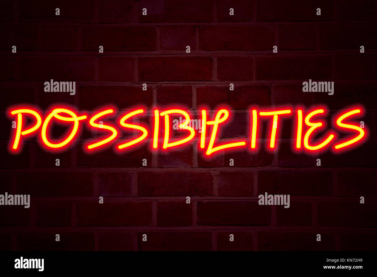 Possibilities neon sign on brick wall background. Fluorescent Neon tube ...