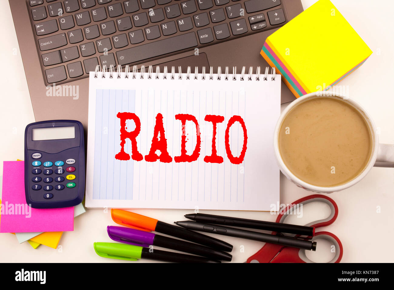 Word writing Radio in the office with laptop, marker, pen, stationery ...