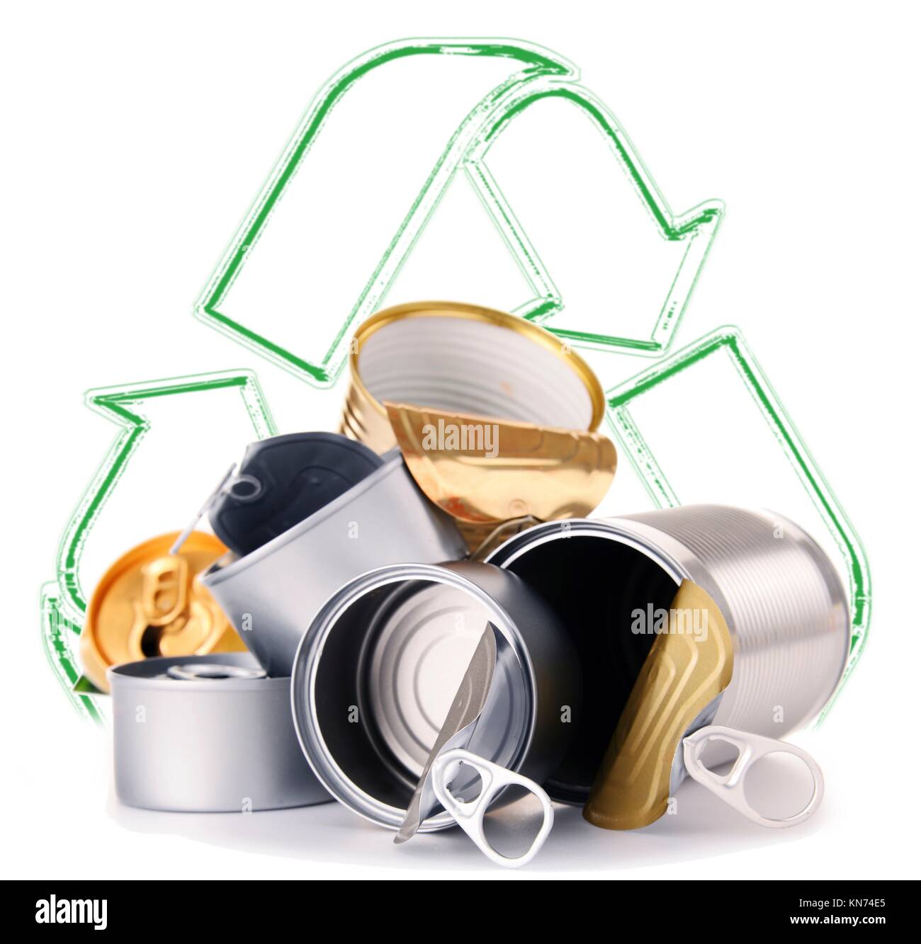 Recycling sign and metal cans isolated on white background Stock Photo ...