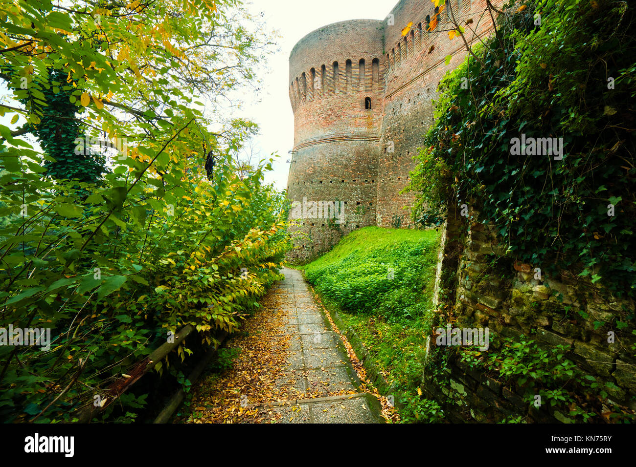paved path near ancient walls of medieval castle in a green forest ...