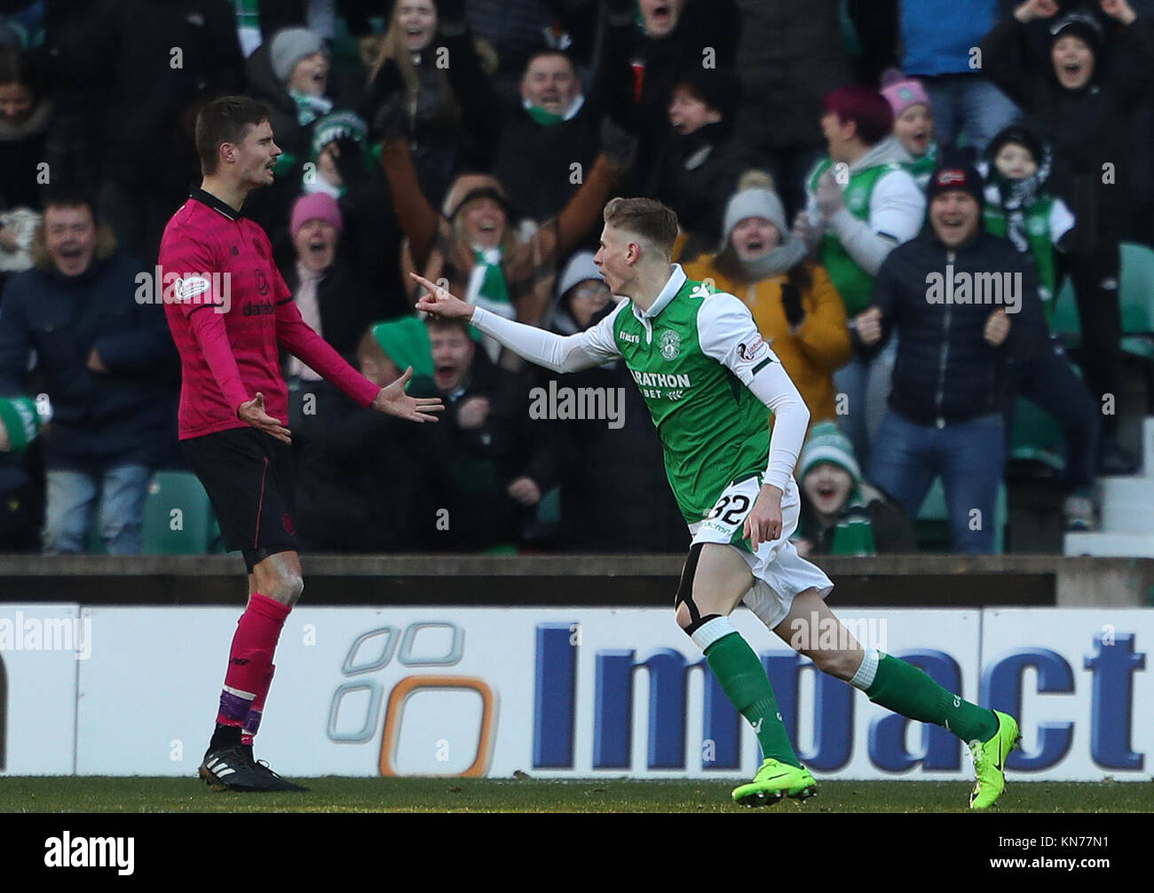 Hibernian's Oli Shaw celebrates scoring his side's second goal of the ...
