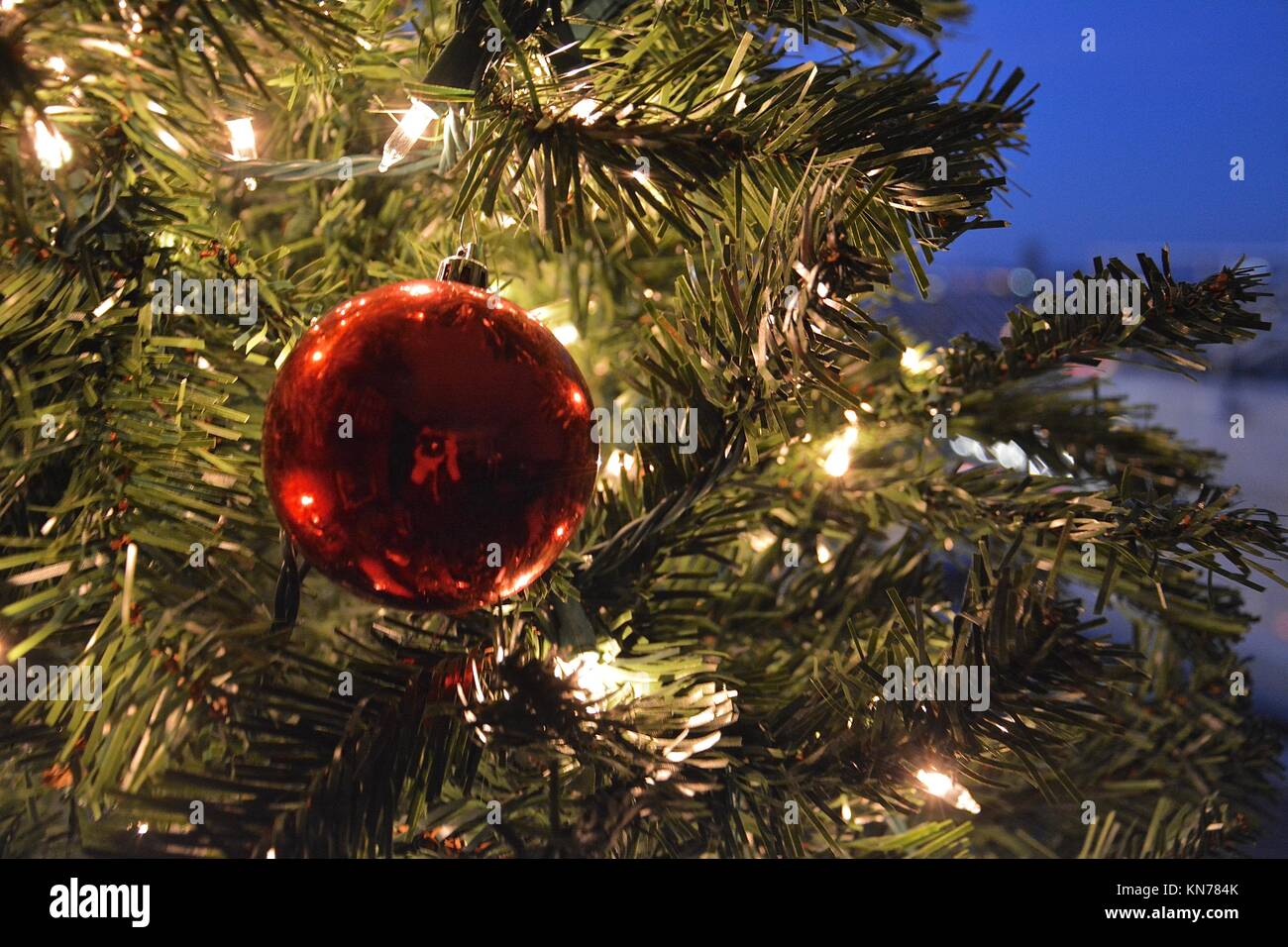 Macro shots of a Christmas Tree with lights and decorations Stock Photo ...