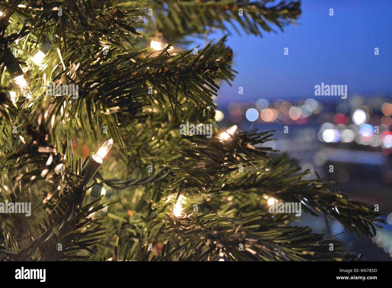Macro shots of a Christmas Tree with lights and decorations Stock Photo ...