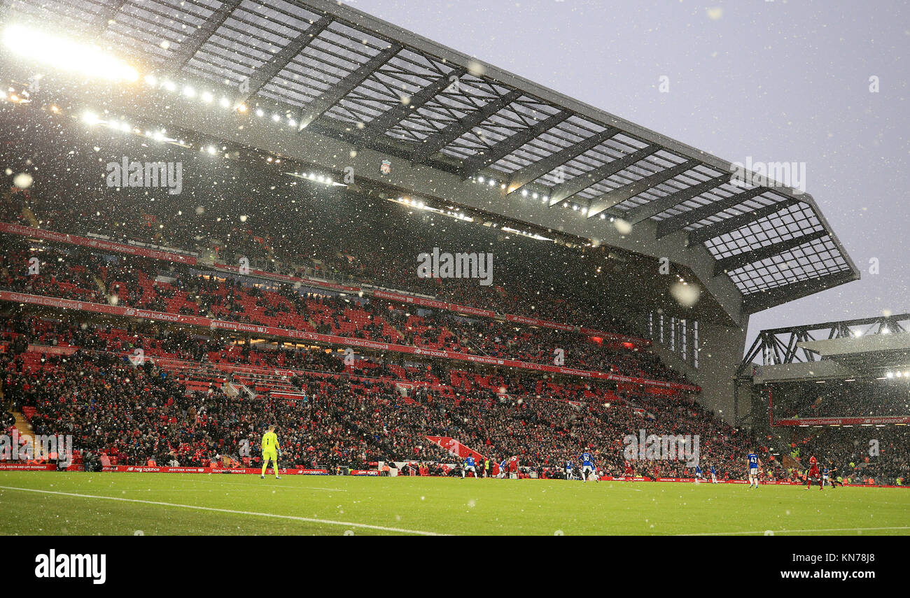 Snow falls during the Premier League match at Anfield, Liverpool Stock ...