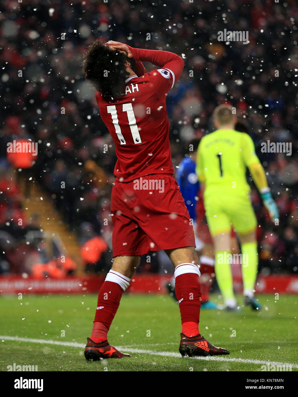 Liverpool's Mohamed Salah reacts after missing a chance during the ...