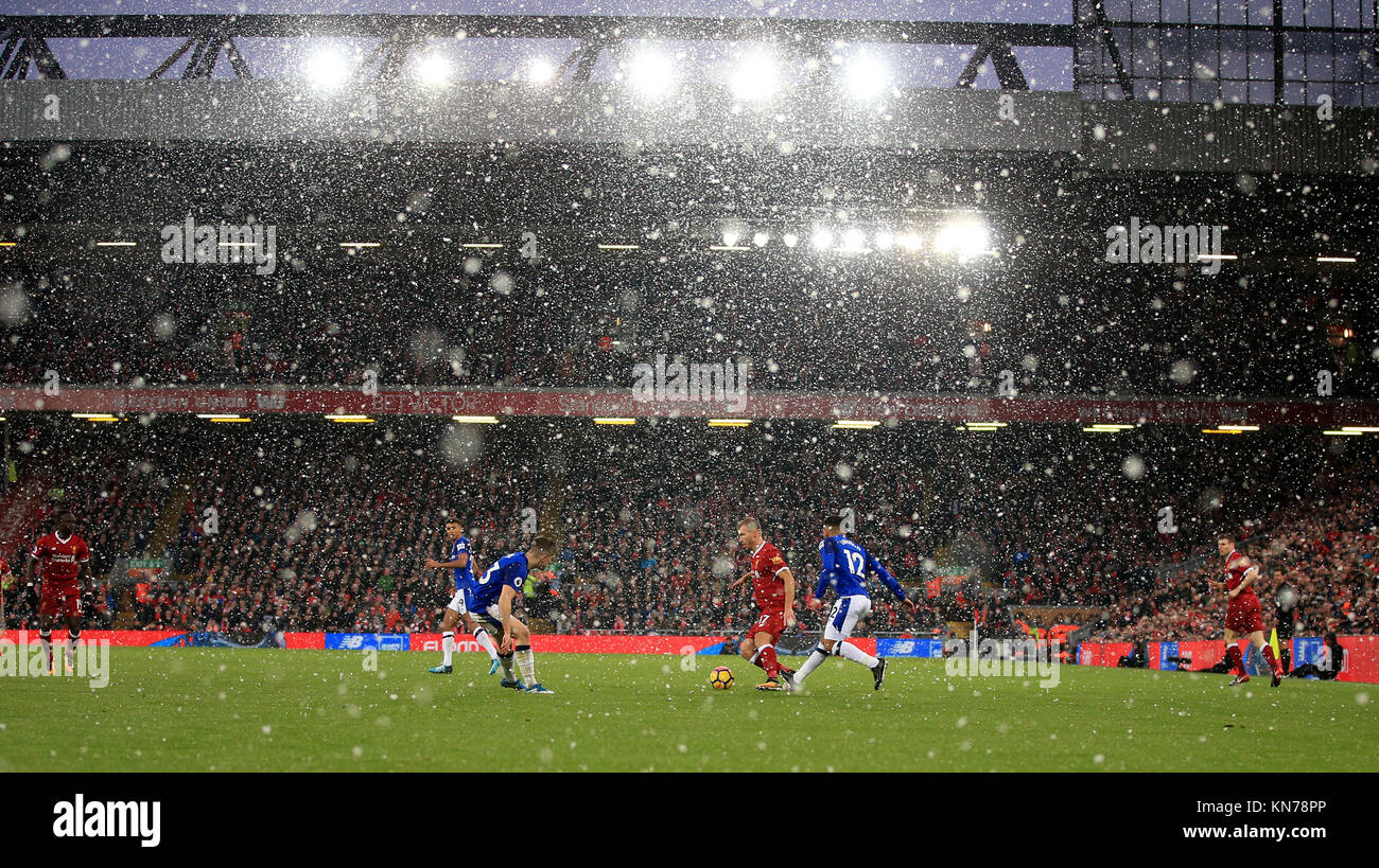 Snow falls during the Premier League match at Anfield, Liverpool Stock ...