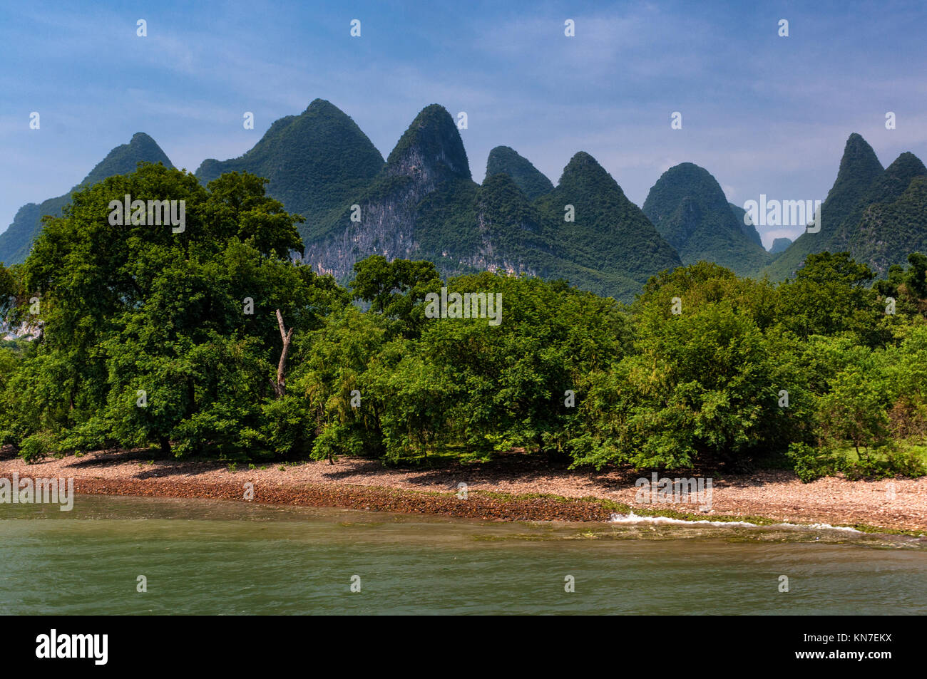 View of the Li River with the tall limestone peaks on the background ...