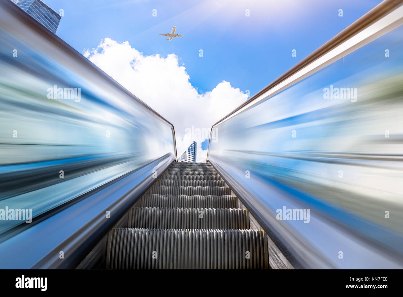 Escalator in an underground station with skyline in background Stock ...
