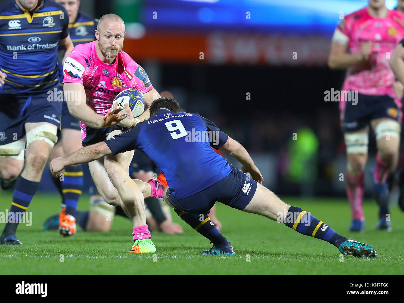 Exeter's James Short is tackled by Leinster's Luke McGrath during the ...