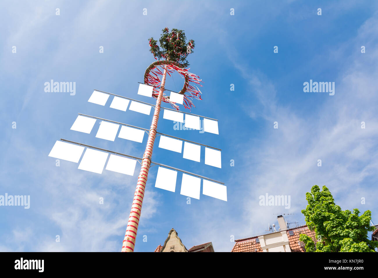 Blank White Signs on Traditional German May Pole Maibaum Blue Skies ...