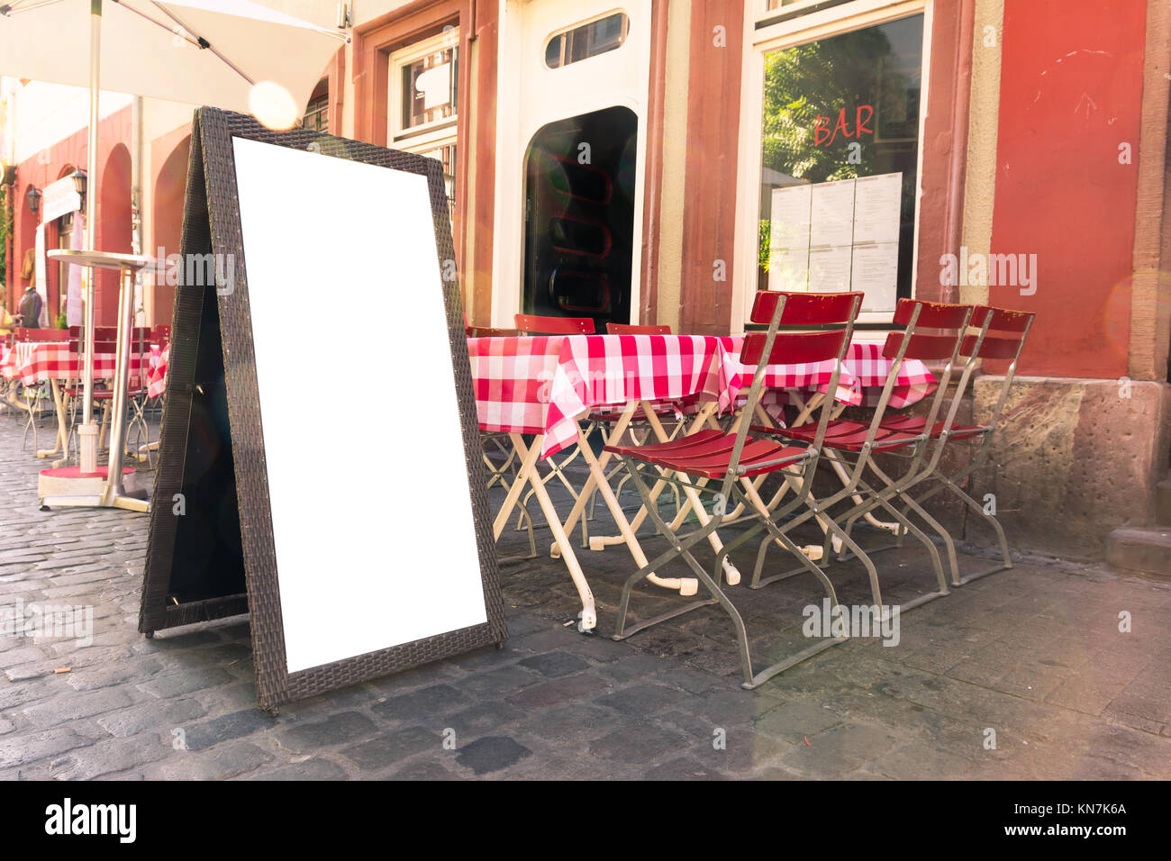 Blank Cafe Menu Red White Table Restaurant Outdoors Summer Day Flare ...