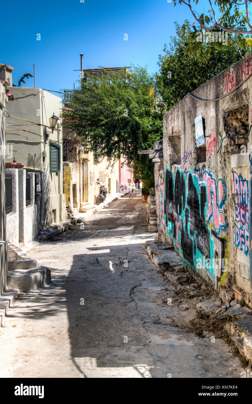 ATHENS, GREECE - SEPTEMBER 2017: One of the typical streets in Plaka, a ...