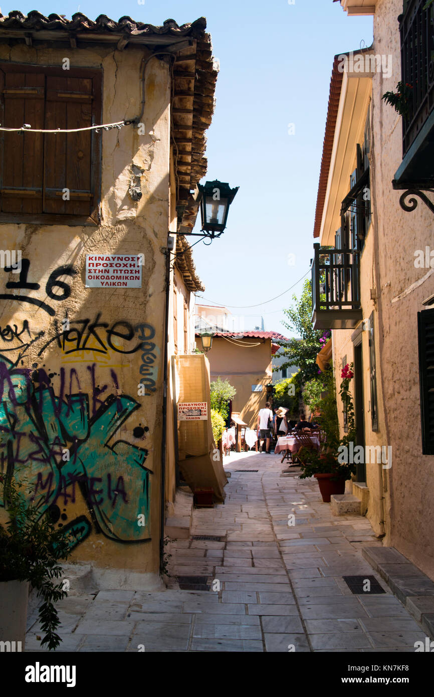 ATHENS, GREECE - SEPTEMBER 2017: One of the typical streets in Plaka, a ...